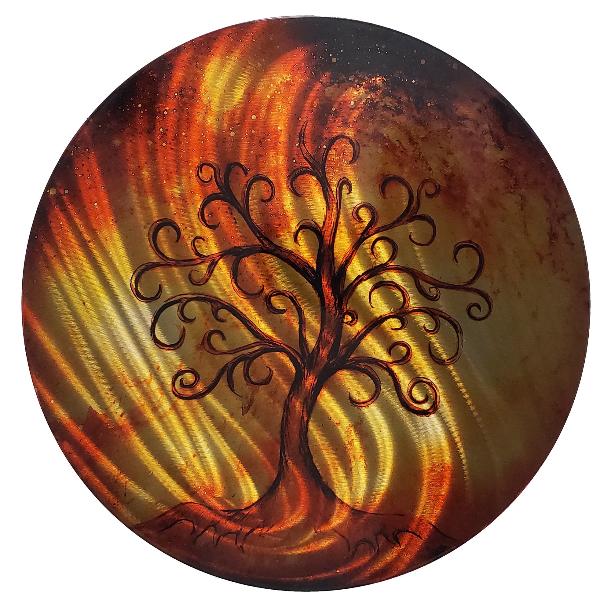 Fire Tree Round Metal Wall Art | hand ground patterns in the metal ...
